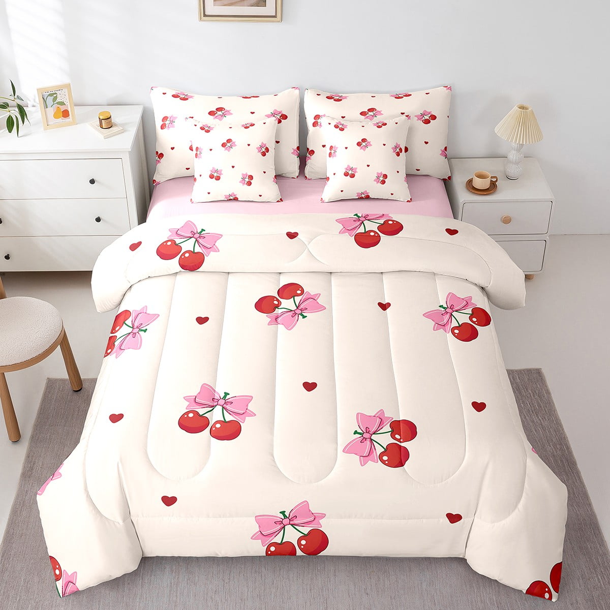 Erosebridal Kawaii Cherry Bedding Sets Full Size, Pink Bowknot ...