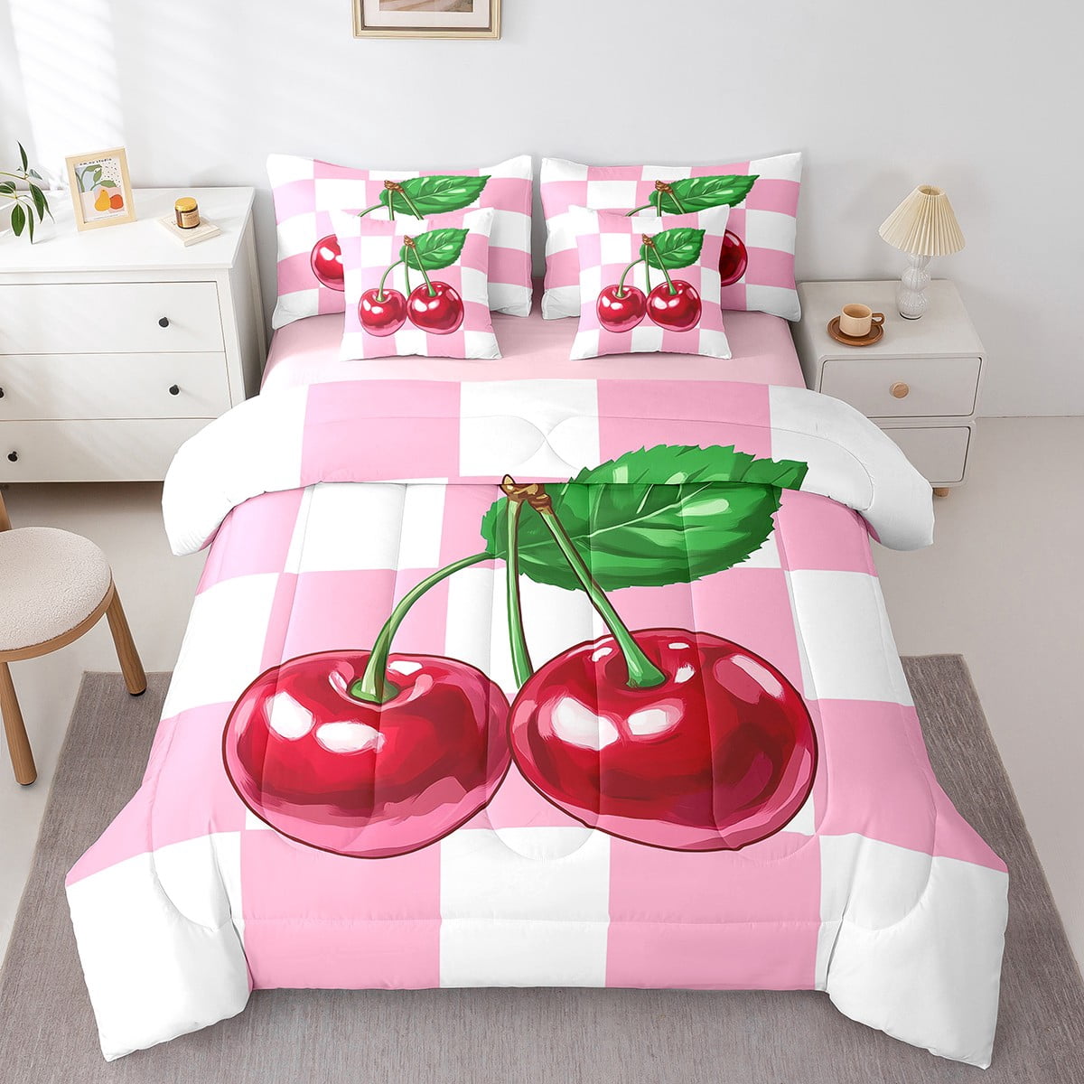 Erosebridal Kawaii Cherry Bedding Sets, Pink Buffalo Comforter Sets ...