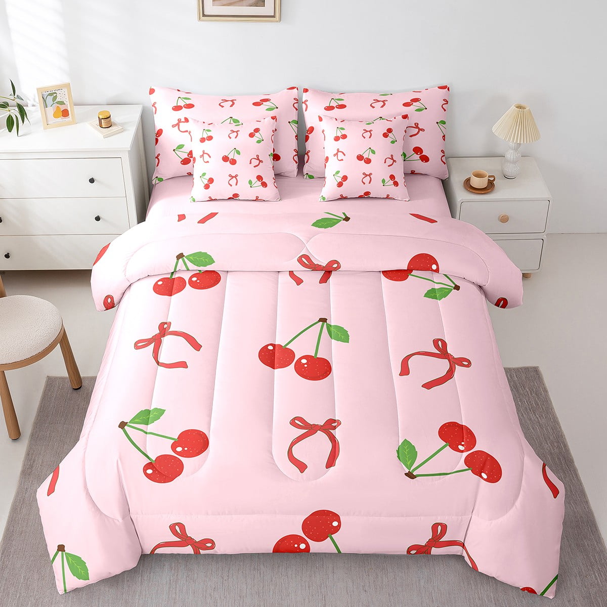 Erosebridal Kawaii Cherry Bedding Sets Twin Size, Pink Bowknot ...
