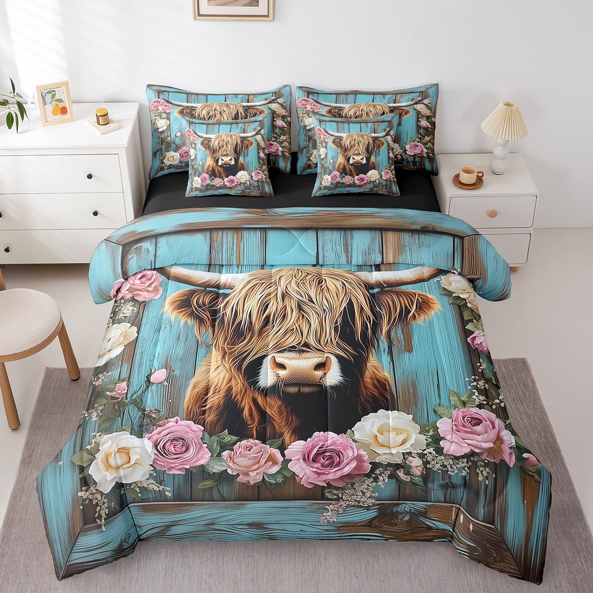 Erosebridal Kawaii Cow Bed in a Bag Twin size, Old Barn Door Bed Set, Colorful Floral Decor ...