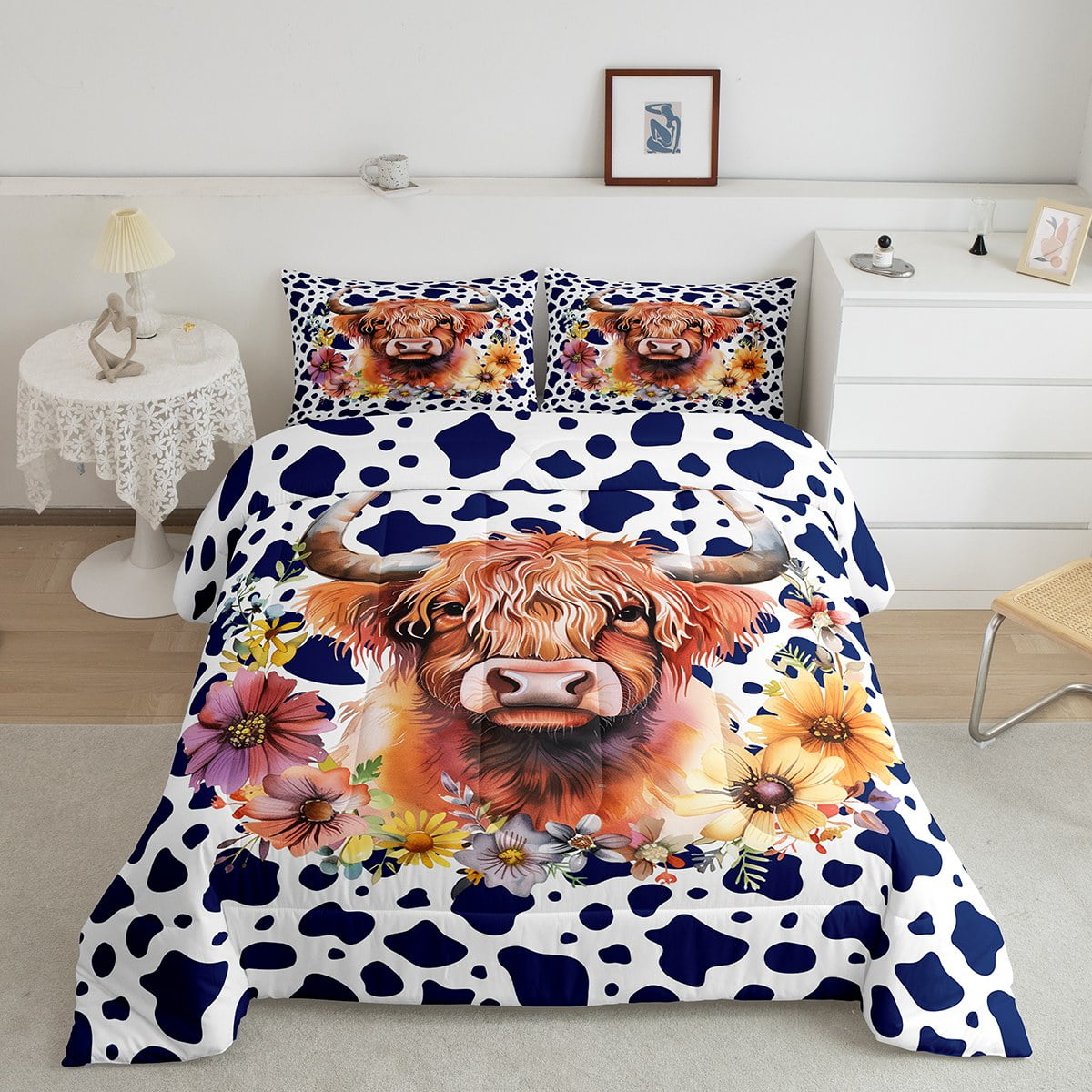 Erosebridal Kawaii Cow Comforter Sets Full Size, Groovy Floral ...