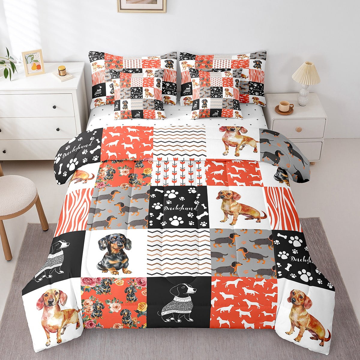 Erosebridal Kawaii Dachshund Bed in a Bag Full size, Dog Print Bed Set ...