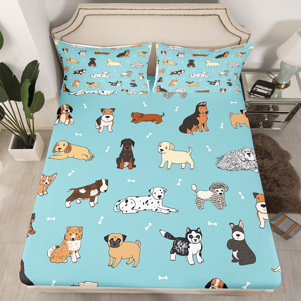 Erosebridal Kawaii Dog Bed Sheets Corgi Pug Fitted Sheet Twin Size ...