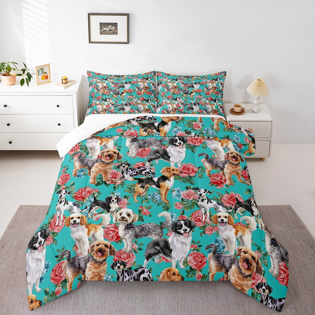 Erosebridal Kawaii Dog Comforter Sets Queen Size,Rose Flower Bedding ...