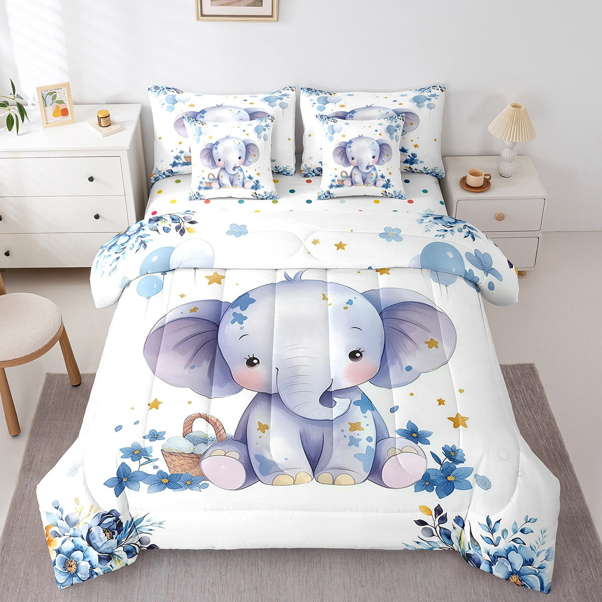 Erosebridal Kawaii Elephant Bed in a Bag King Size, Blue Floral Flower ...