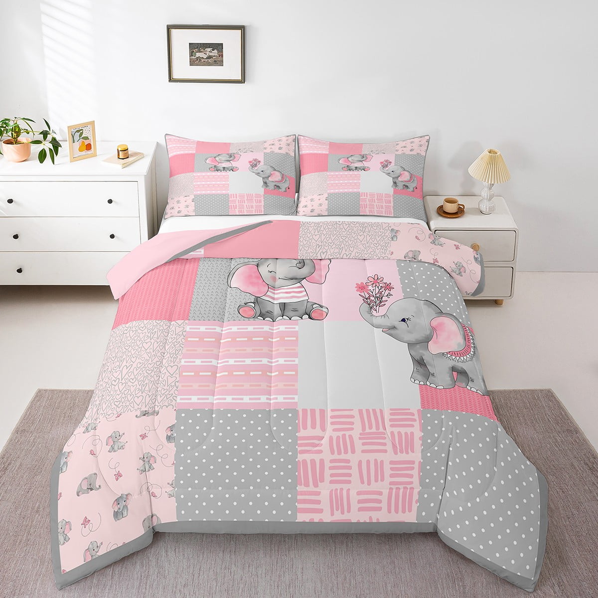 Erosebridal Kawaii Elephant Bedding Full Comforter Set, Grey Pink ...