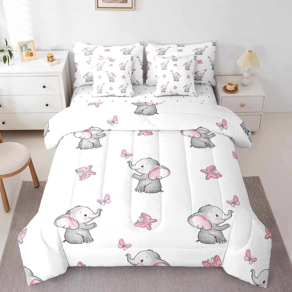 Erosebridal Kawaii Elephant Bedding Sets Full Size, Pink Butterfly ...