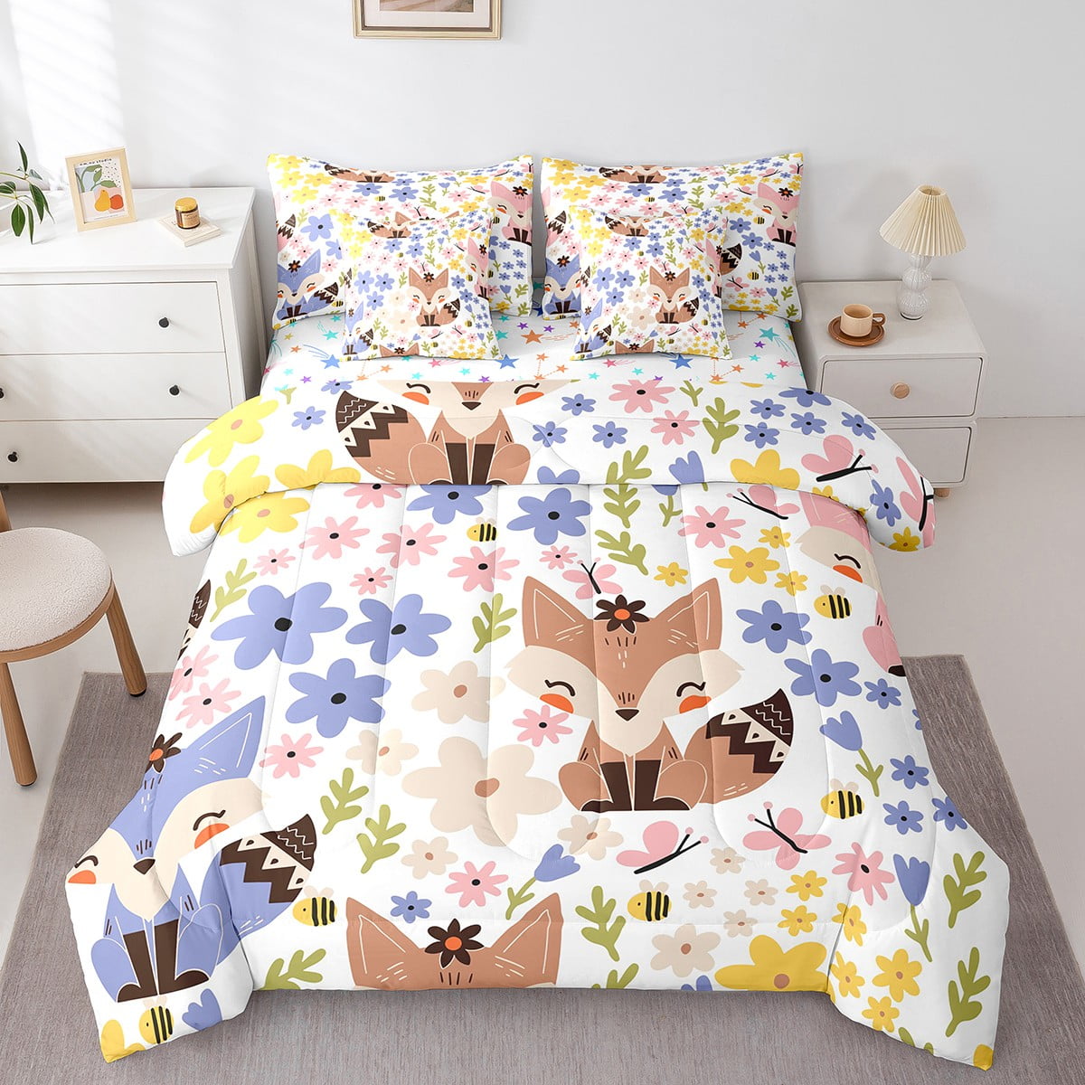 Erosebridal Kawaii Fox Bedding Sets Full Size, Spring Garden Floral Comforter Sets with Sheets ...