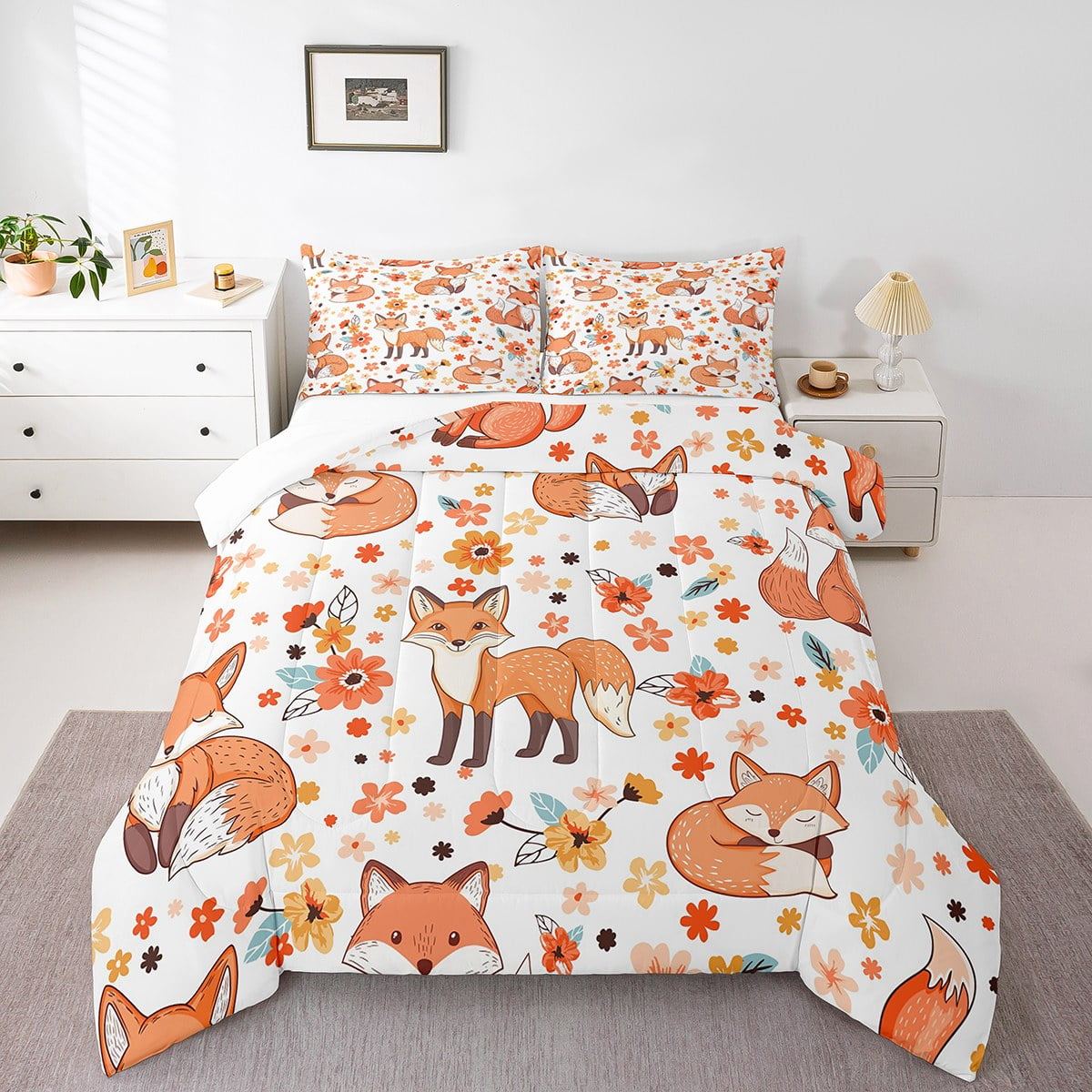 Erosebridal Kawaii Fox Bedding Twin Comforter Set,Floral Flower Down ...