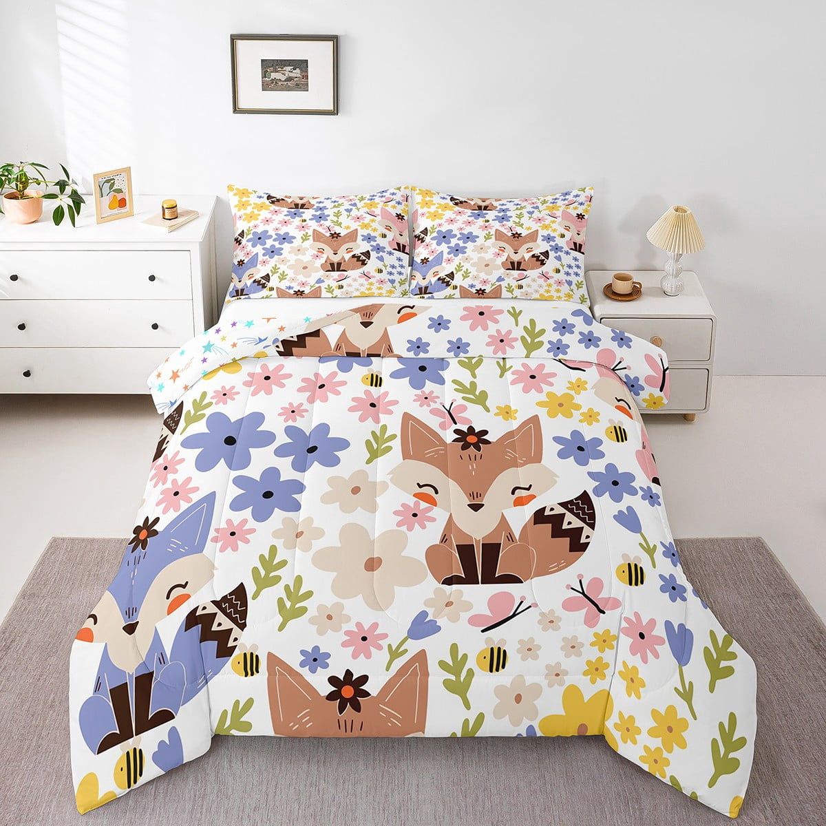 Erosebridal Kawaii Fox Comforter Sets Twin Size, Spring Garden Floral ...