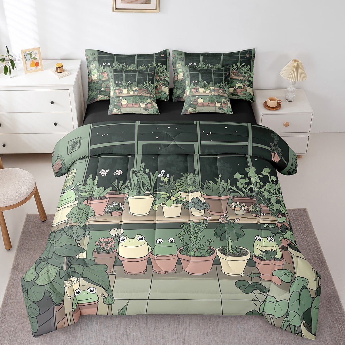 Erosebridal Kawaii Frog Bedding King Size, Cartoon Botanical Bed in a ...