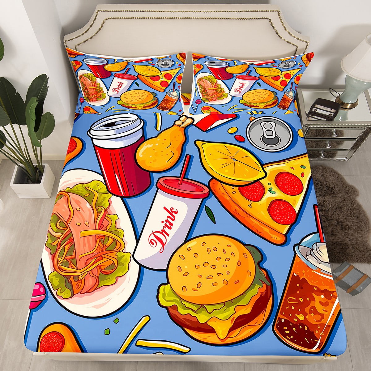 Erosebridal Kawaii Hamburger Fitted Sheet Queen, Fast Food Bedding Set ...