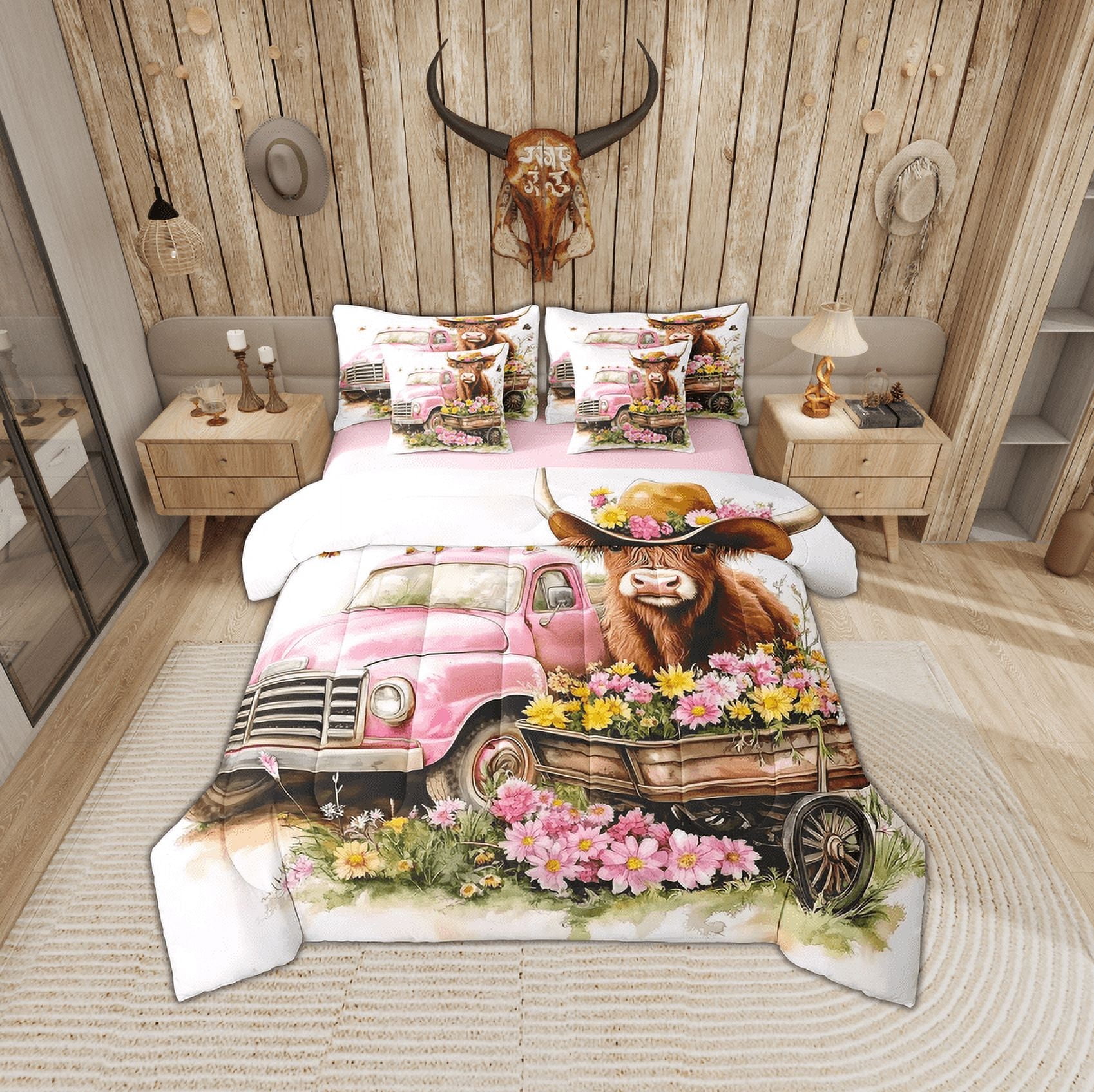 Erosebridal Kawaii Highland Cow Bedding Sets Twin Size, Pink Farm Truck ...