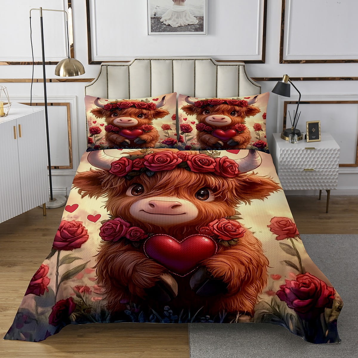 Erosebridal Kawaii Highland Cow Bedspread Sets Queen Size, Red Flower ...