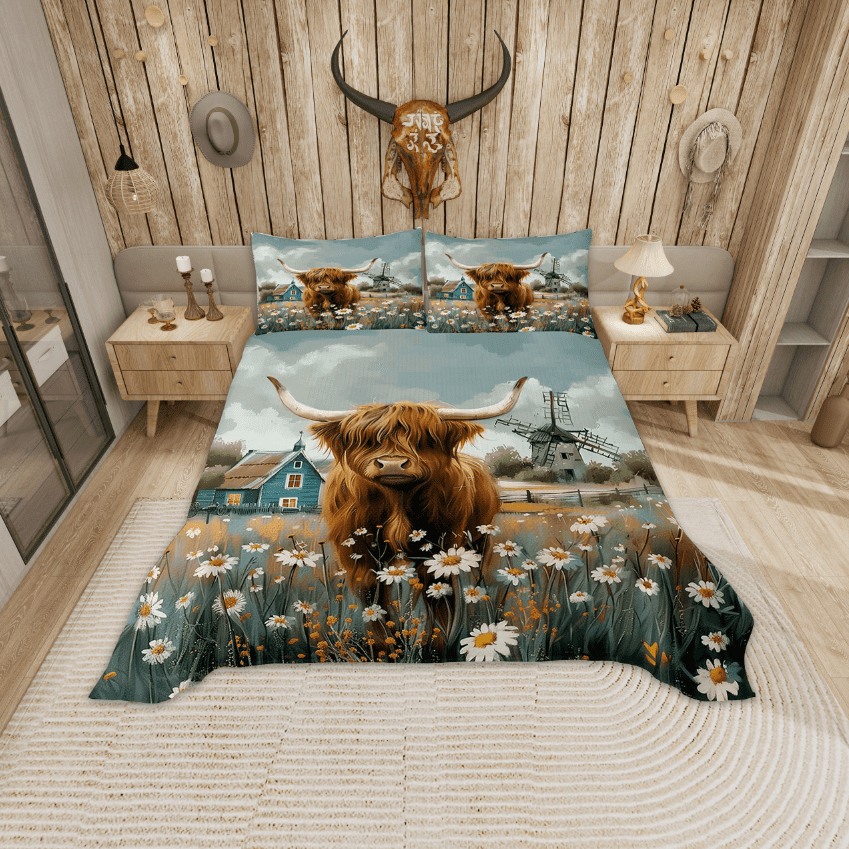 Erosebridal Kawaii Highland Cow Quilt Sets for Twin Size Bed, Farmhouse Animal Bed Set, Lodge ...