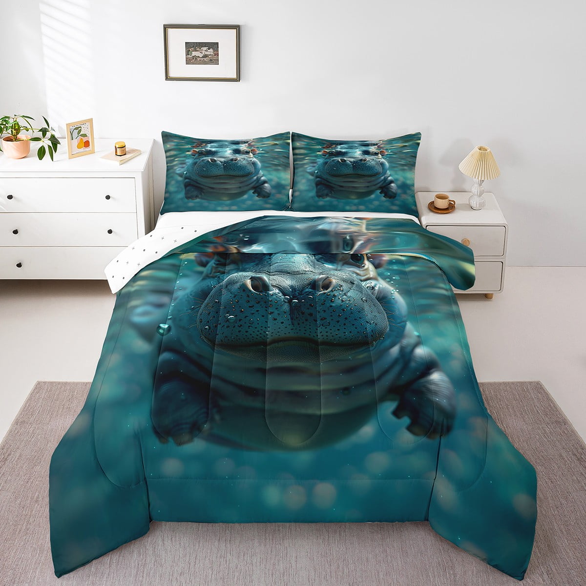 Erosebridal Kawaii Hippo Bedding Full Comforter Set, Diving Animal Down ...