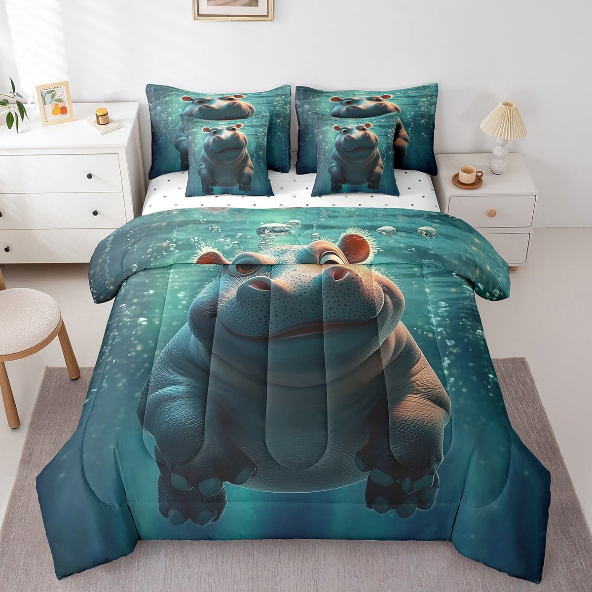 Erosebridal Kawaii Hippo Bedding Twin Size, Underwater World Bed in a ...