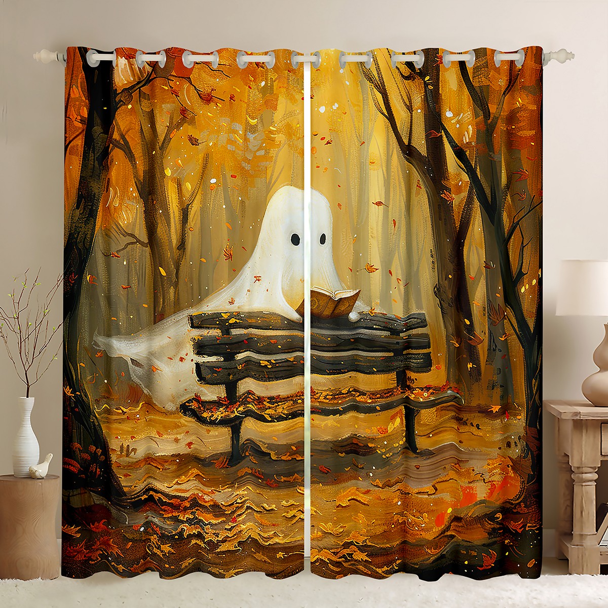 Erosebridal Kawaii Holleween Ghost Curtains for Living Room,Fall Leaves ...
