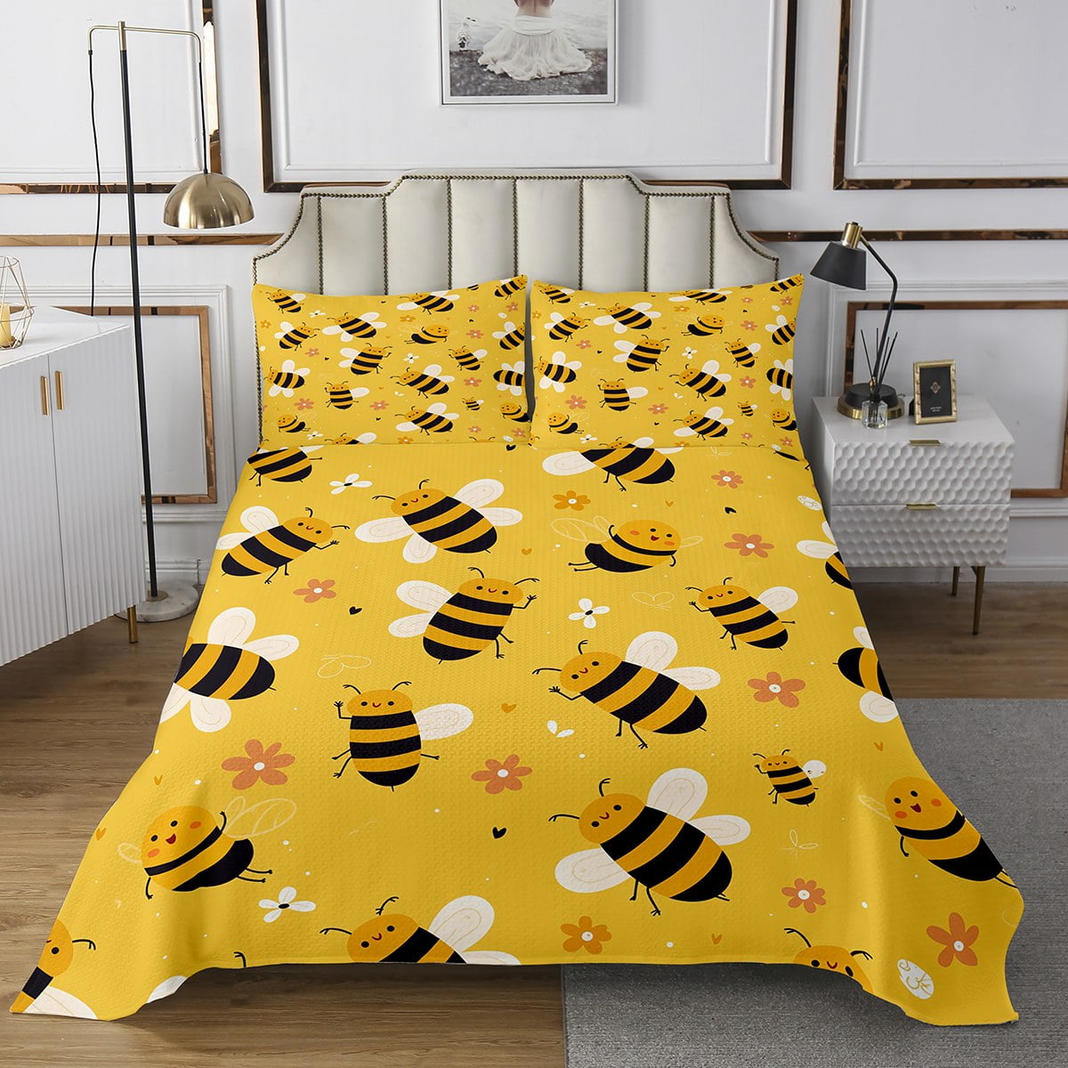 Erosebridal Kawaii Honey Bee Quilt Sets for Queen Size Bed, Groovy ...