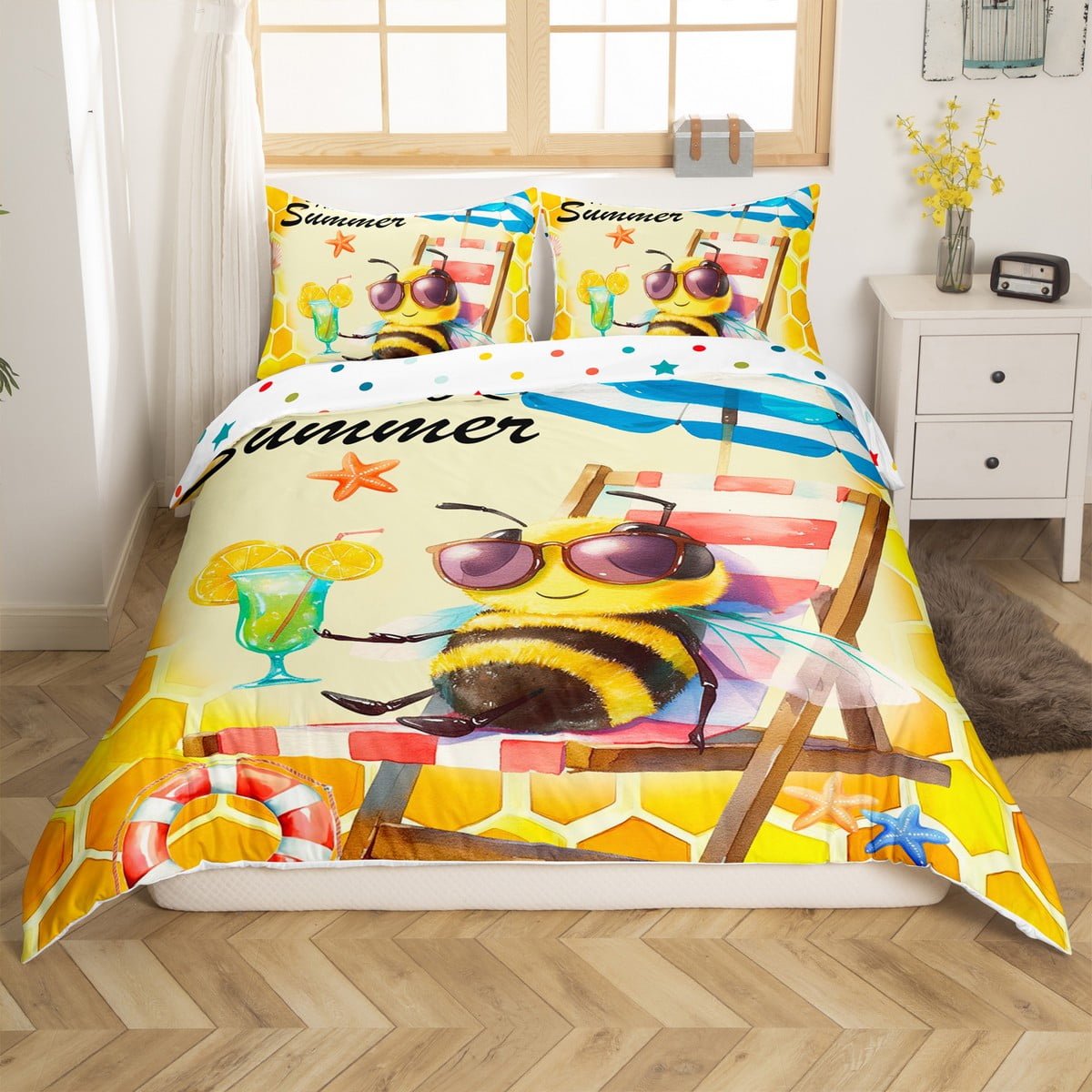 Erosebridal Kawaii Honeybee Duvet Cover,Geometric Honeycomb Bedding ...