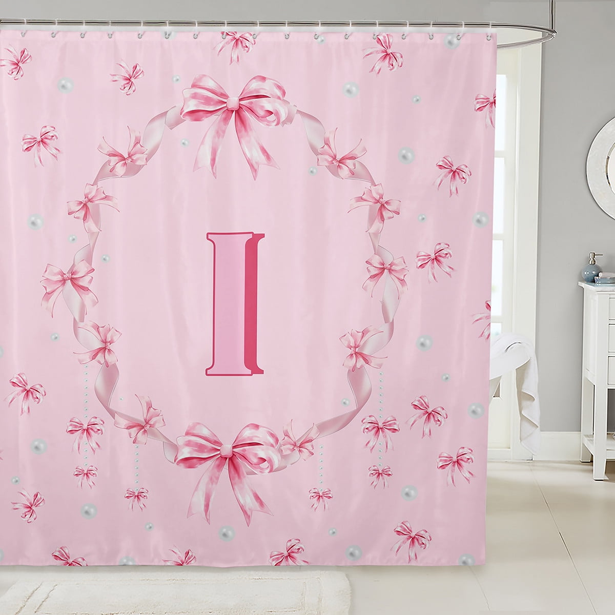 Erosebridal Kawaii Initial Shower Curtain 72Wx72L,Pink Bow Bath Curtain ...