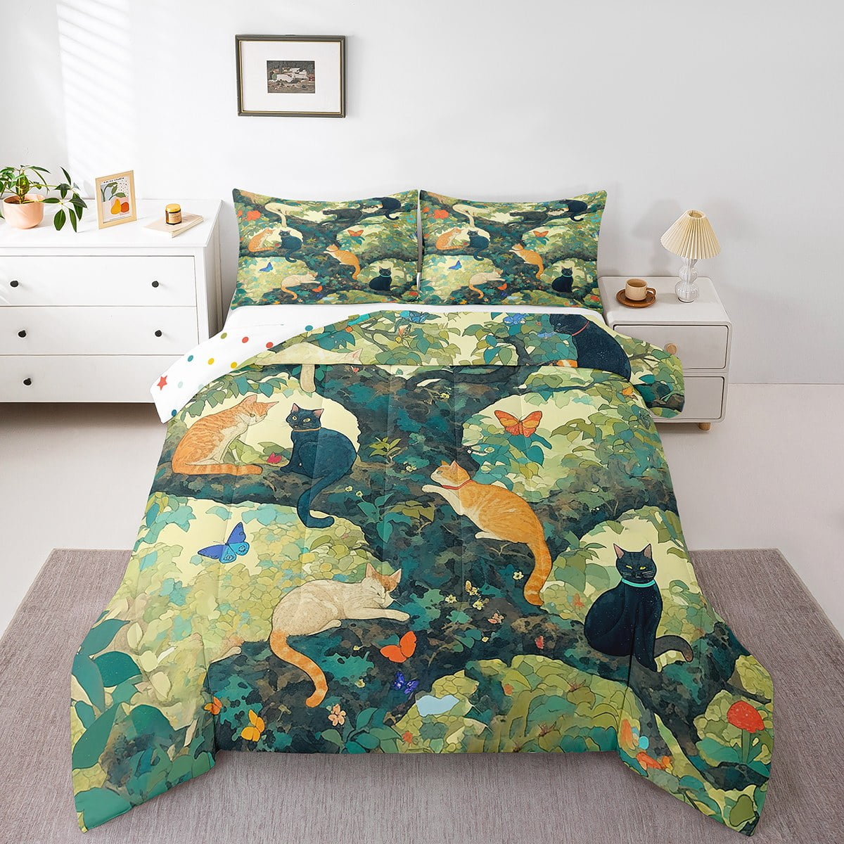 Erosebridal Kawaii Kitten Cat Comforter Sets Queen Size, Retro Plants ...
