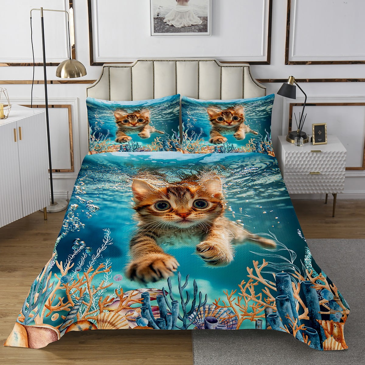 Erosebridal Kawaii Kitten Cat Quilt Sets for Twin Size Bed, Underwater ...