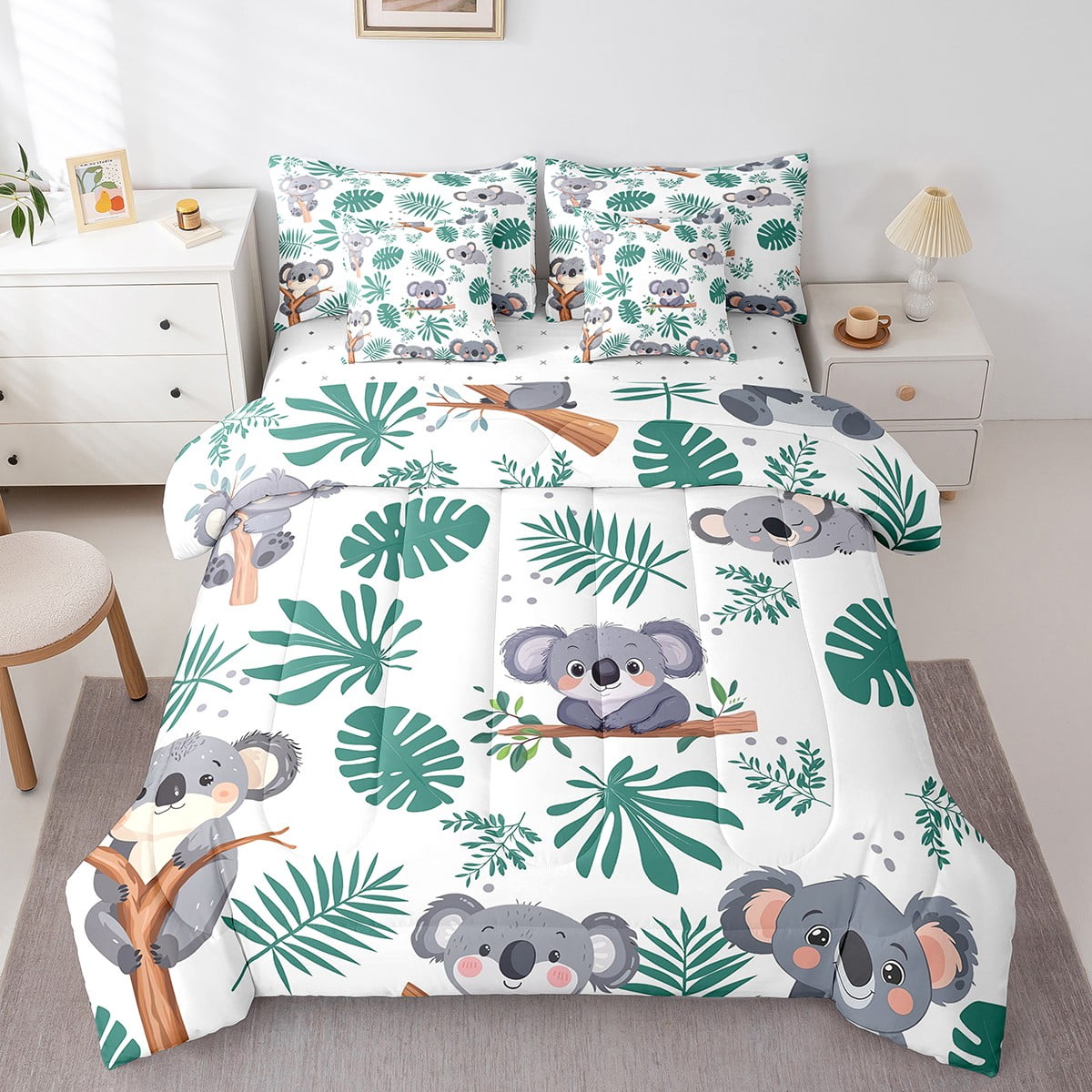 Erosebridal Kawaii Koala Bedding Queen Size, Green Palm Tree Leaf Branch Comforter Sets with ...