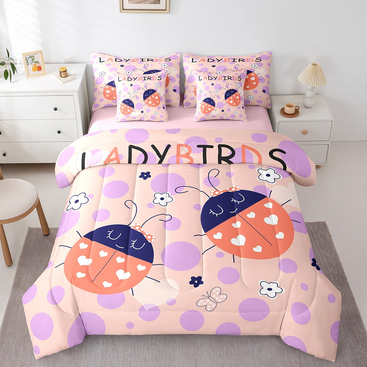 Erosebridal Kawaii Ladybug Bed in a Bag Queen size, Pink Purple Bed Set ...