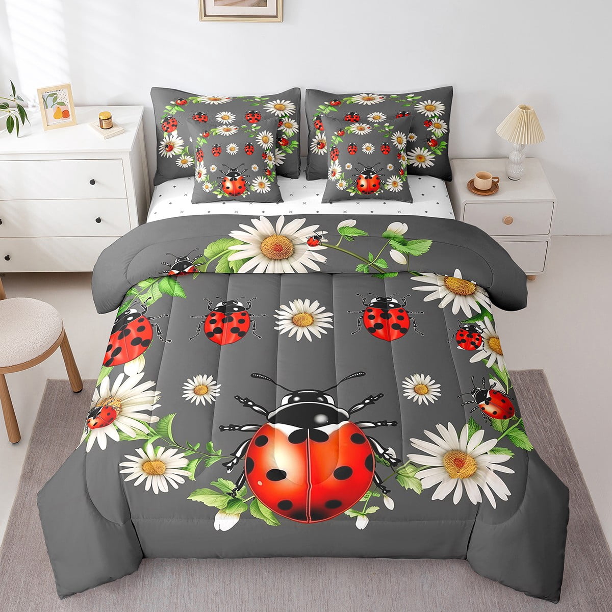 Erosebridal Kawaii Ladybug Bedding Queen Size, Daisy Flower Comforter ...