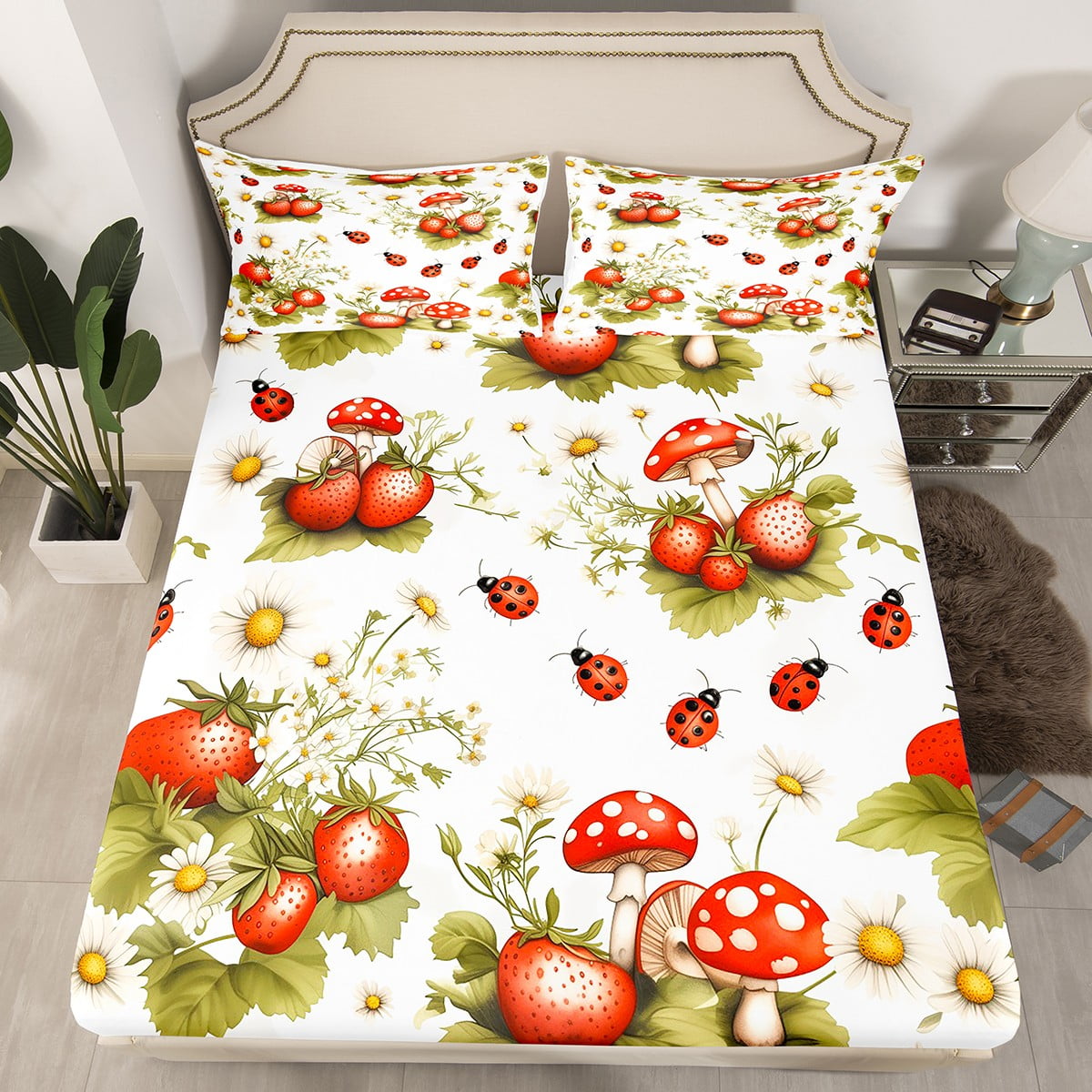 Erosebridal Kawaii Ladybug Fitted Sheet Full, Mushroom Daisy Bed Set ...