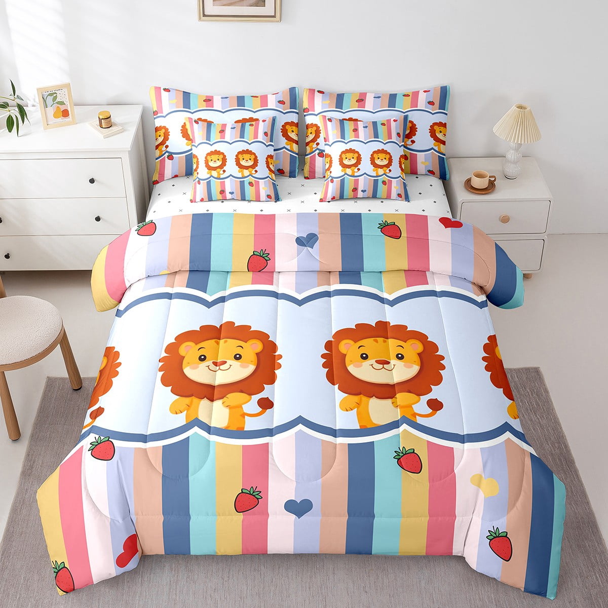 Erosebridal Kawaii Lion Bedding Sets King Size, Cartoon Stripe ...