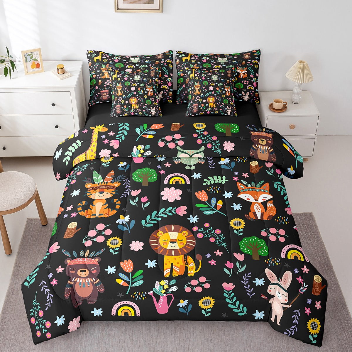 Erosebridal Kawaii Lion Rabbit Fox Bedding Queen Size,Floral Flower Bed ...
