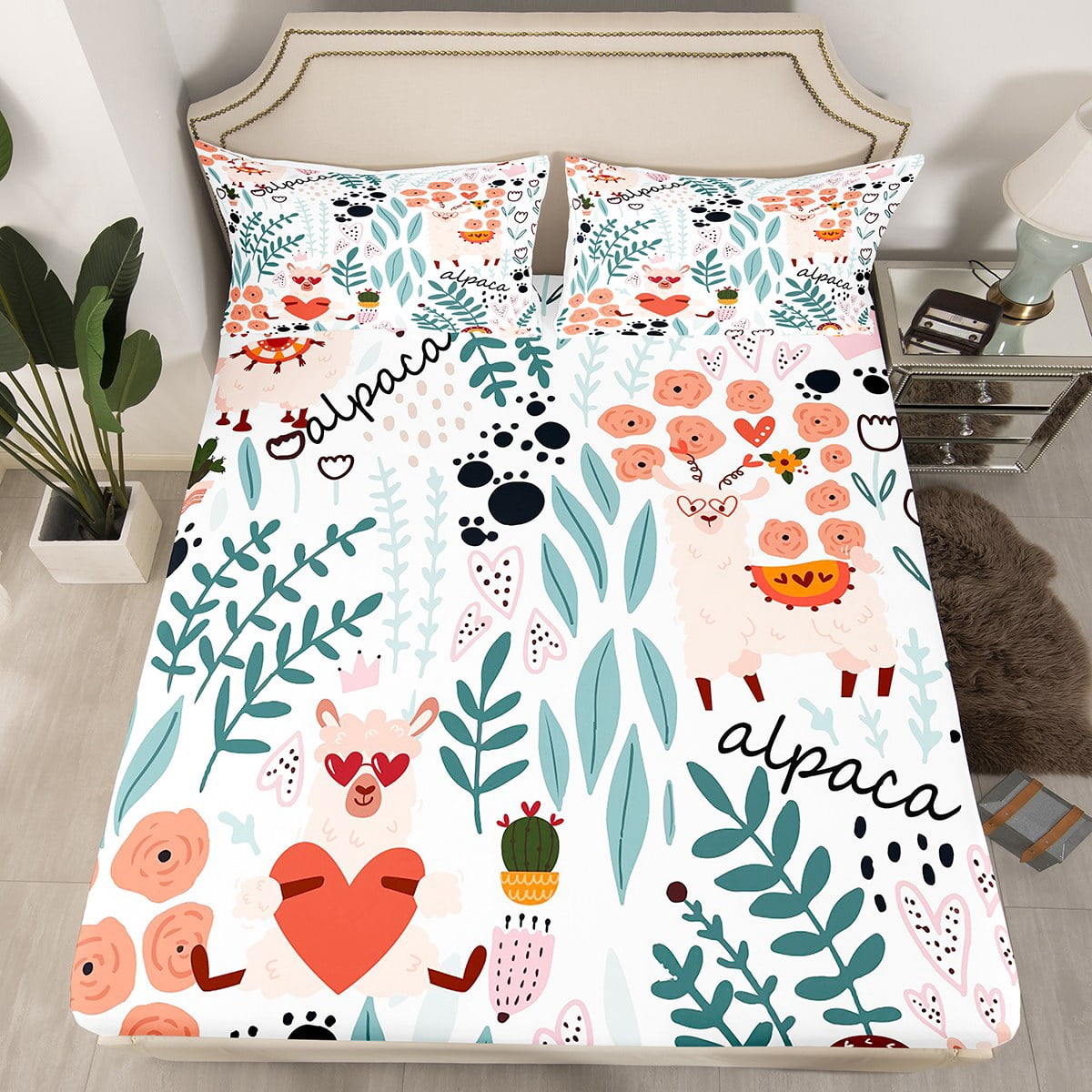 Erosebridal Kawaii Llama Bedding Set,Cartoon Llama Alpaca Fitted Sheet ...