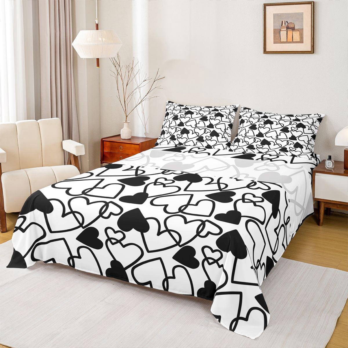 Erosebridal Kawaii Loves Pattern Queen Sheet Sets,White Black Heart ...