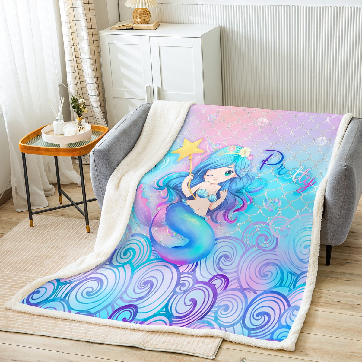 Erosebridal Kawaii Mermaid Blanket Throw,Purple Teal Mermaid Tail Scale ...