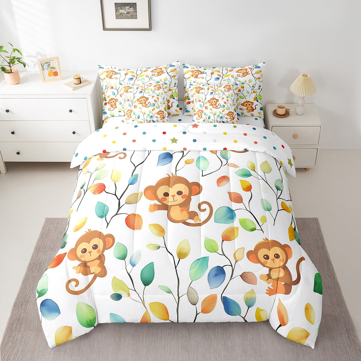 Erosebridal Kawaii Monkey Twin Comforter Set 7pcs Chic Elegant Floral ...