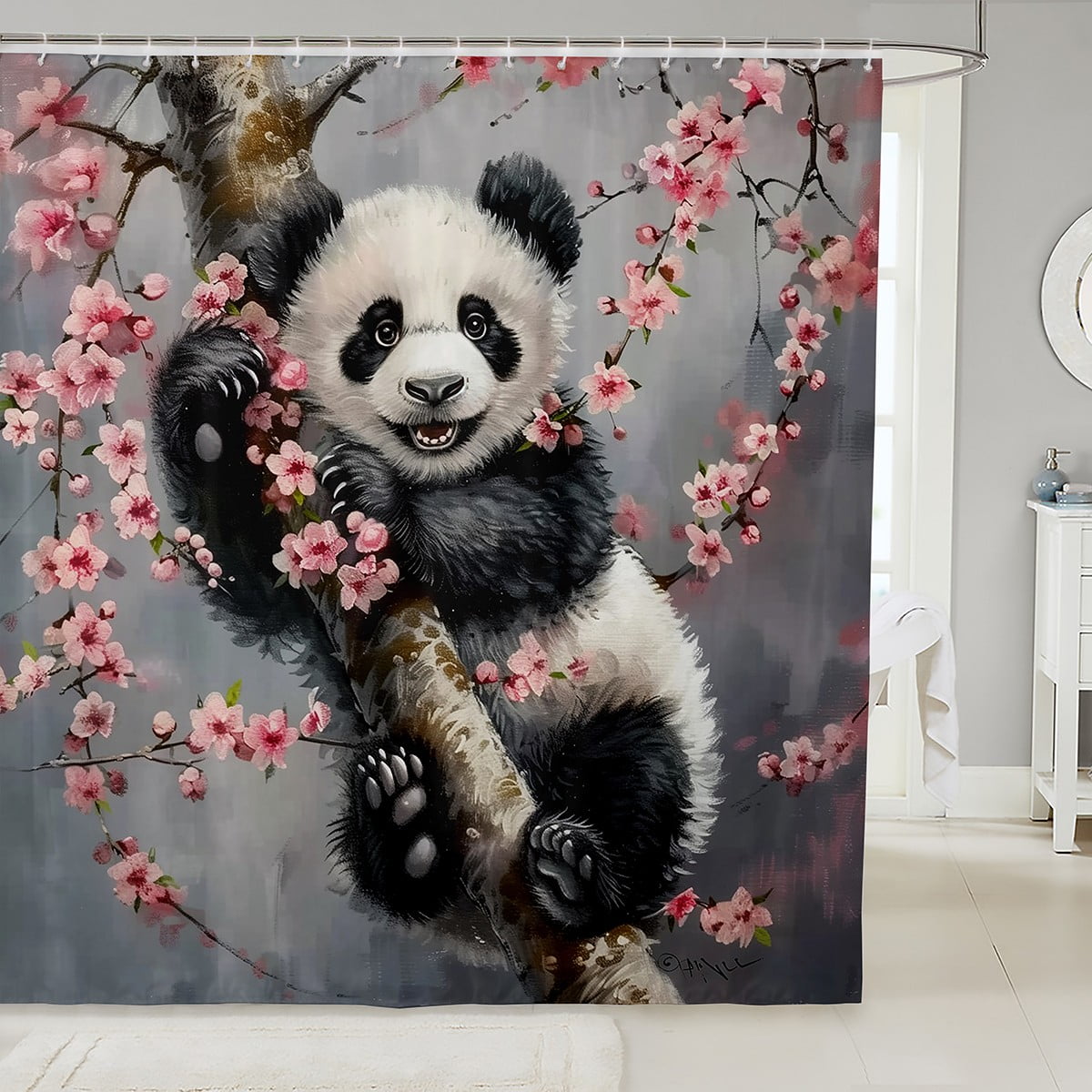 Erosebridal Kawaii Panda Shower Curtain 72x72,Cherry Blossom Flower Bath Curtain,Animal Decor ...