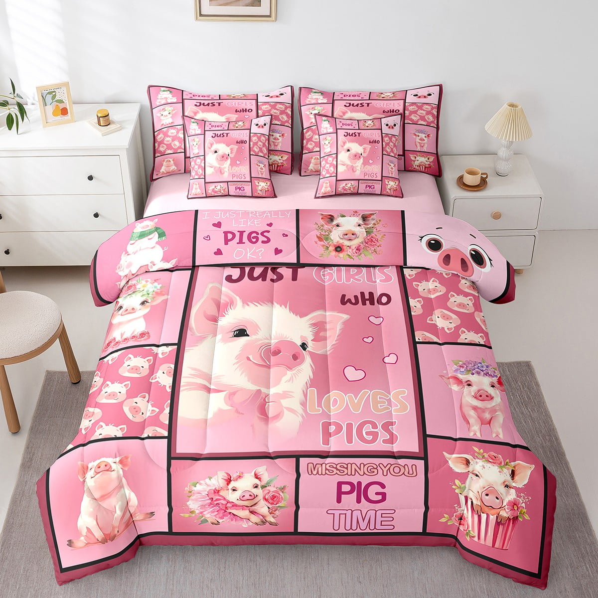 Erosebridal Kawaii Pig Bedding Sets King Size,Pink Flower Bed in a Bag ...