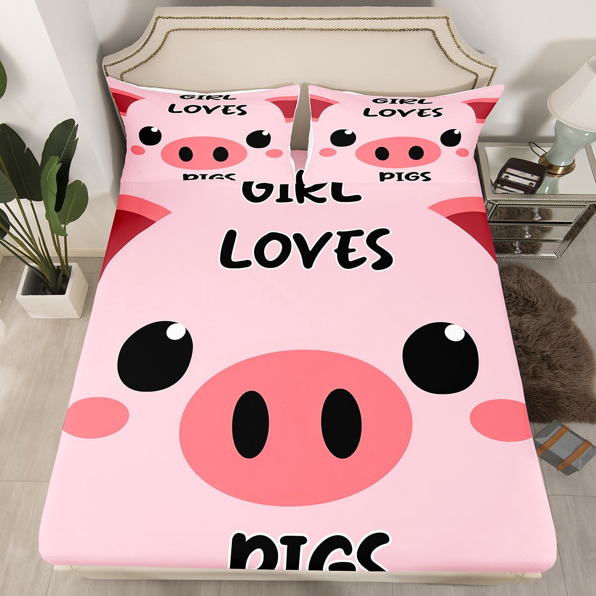 Erosebridal Kawaii Pig Fitted Sheet Full, Girly Pink Bedding Set Full ...