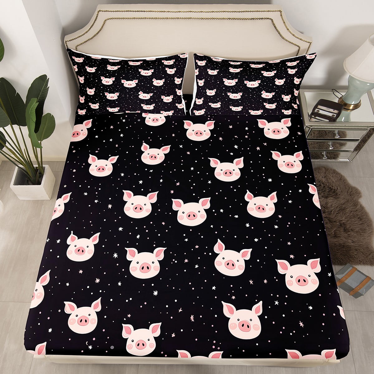 Erosebridal Kawaii Pig Fitted Sheet Set Full, Glitter Stars Galaxy Bed ...
