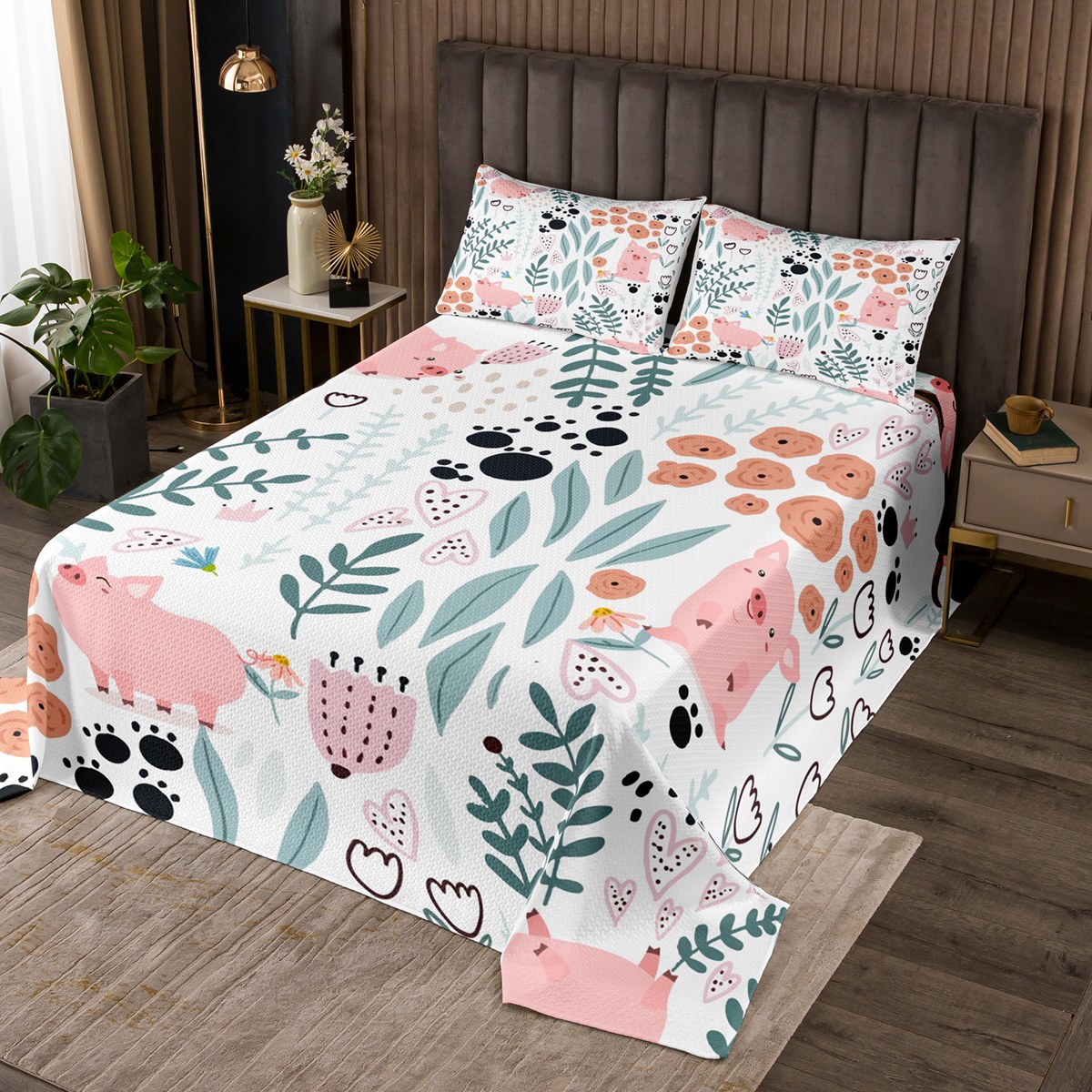 Erosebridal Kawaii Pig Quilt Set,Cartoon Pig Bedspread Set Queen,Cute ...