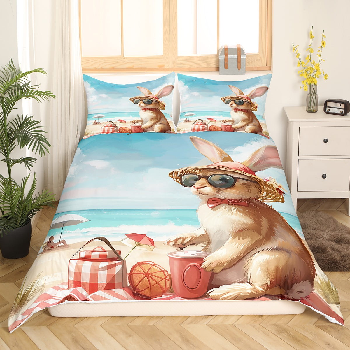 Erosebridal Kawaii Rabbit Bed Set Hawaii Beach Duvet Cover,Watercolor ...