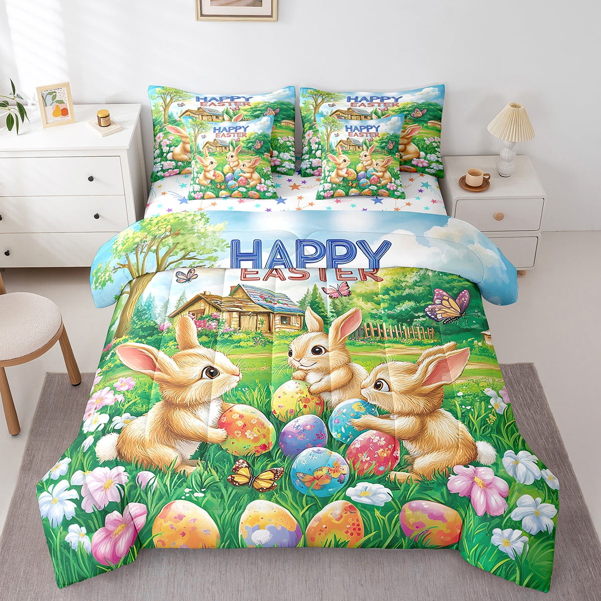 Erosebridal Kawaii Rabbit Bedding Queen Size,Happy Easter Eggs Bedding ...