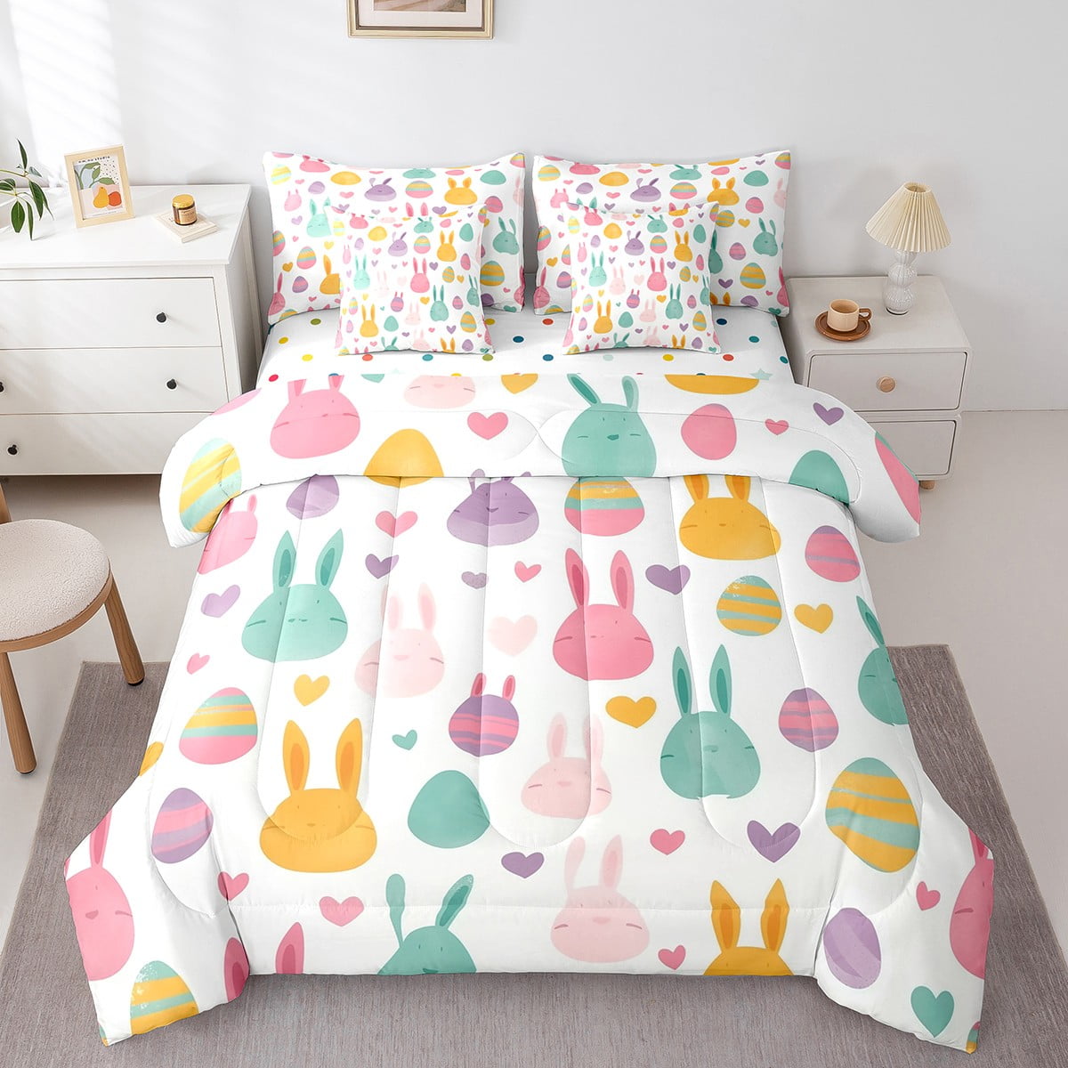 Erosebridal Kawaii Rabbit Bedding Sets Queen Size, Easter Egg Comforter ...