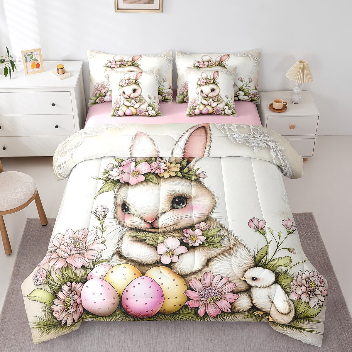 Erosebridal Kawaii Rabbit Bunnies Bedding King Size, Pink Easter Eggs ...
