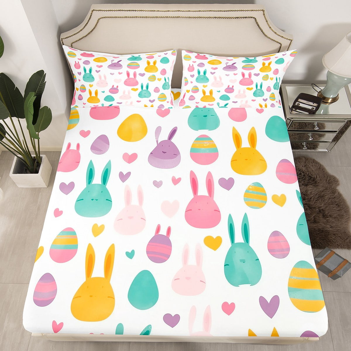 Erosebridal Kawaii Rabbit Fitted Sheet Full, Easter Egg Fitted Sheet ...