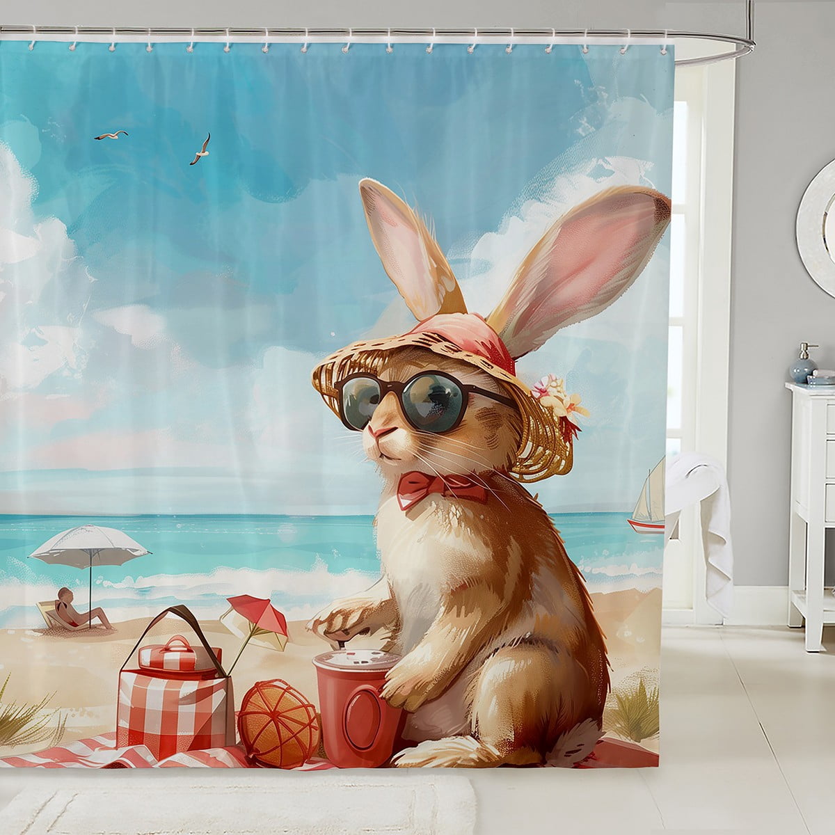 Erosebridal Kawaii Rabbit Shower Curtain Hawaii Beach Bathroom Curtain ...