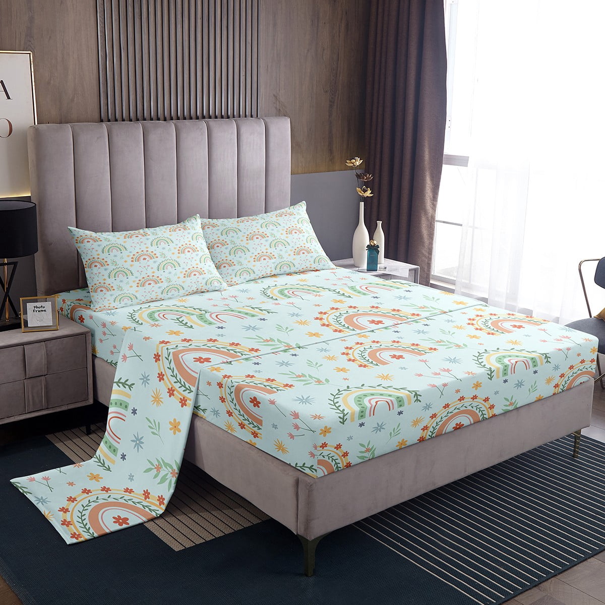 Erosebridal Kawaii Rainbow Queen Sheet Sets, Botanical Floral Flower ...