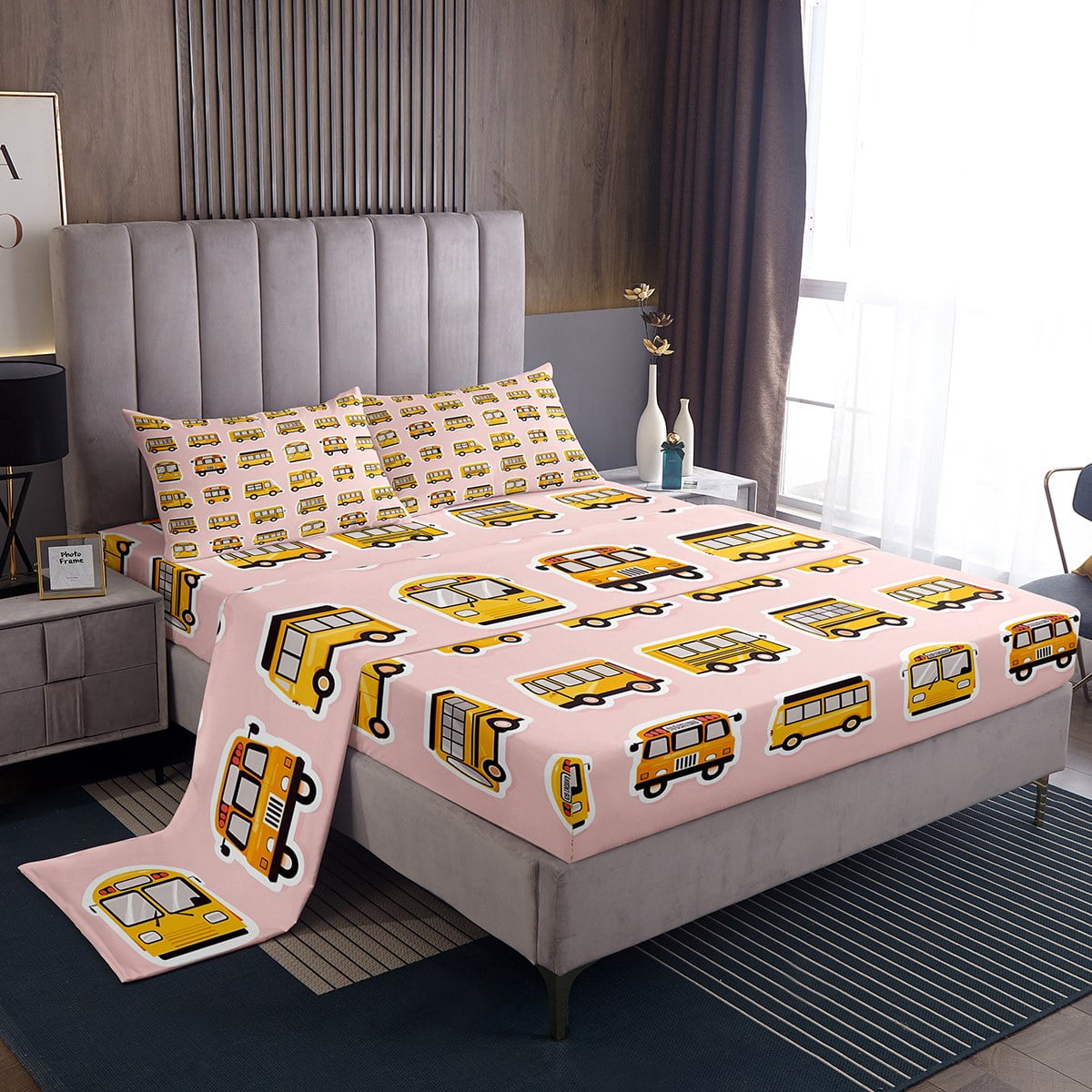Erosebridal Kawaii School Bus Queen Sheet Sets, Pink Orange Bedding ...